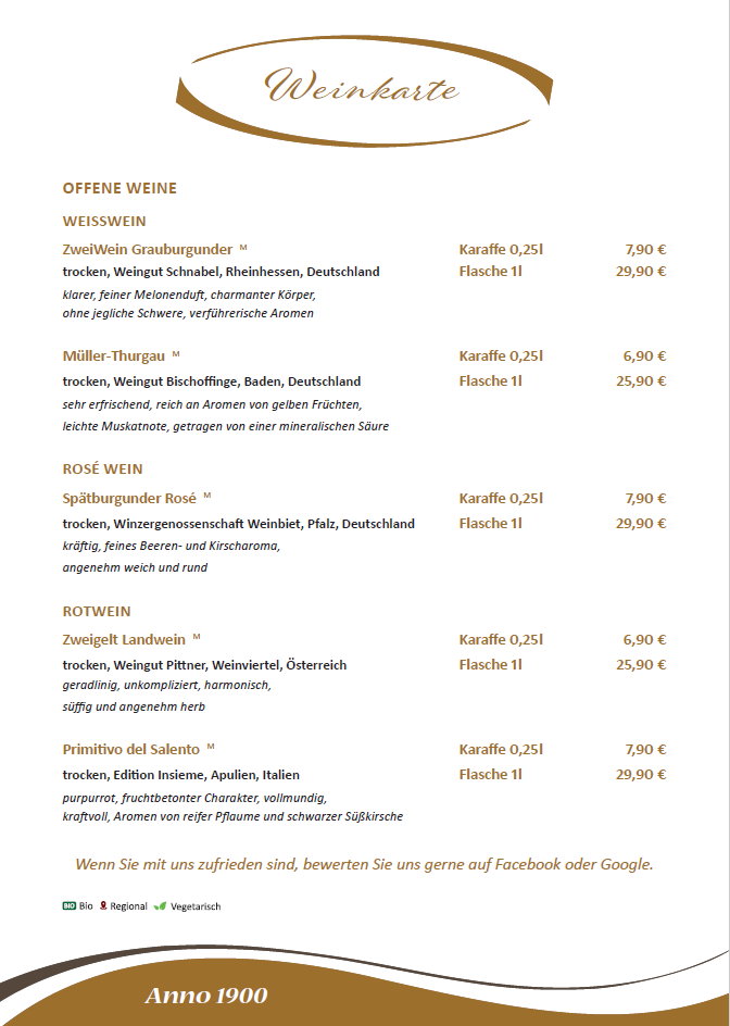 Anno 1900 Cafe Bar Restaurant - Speisekarte
